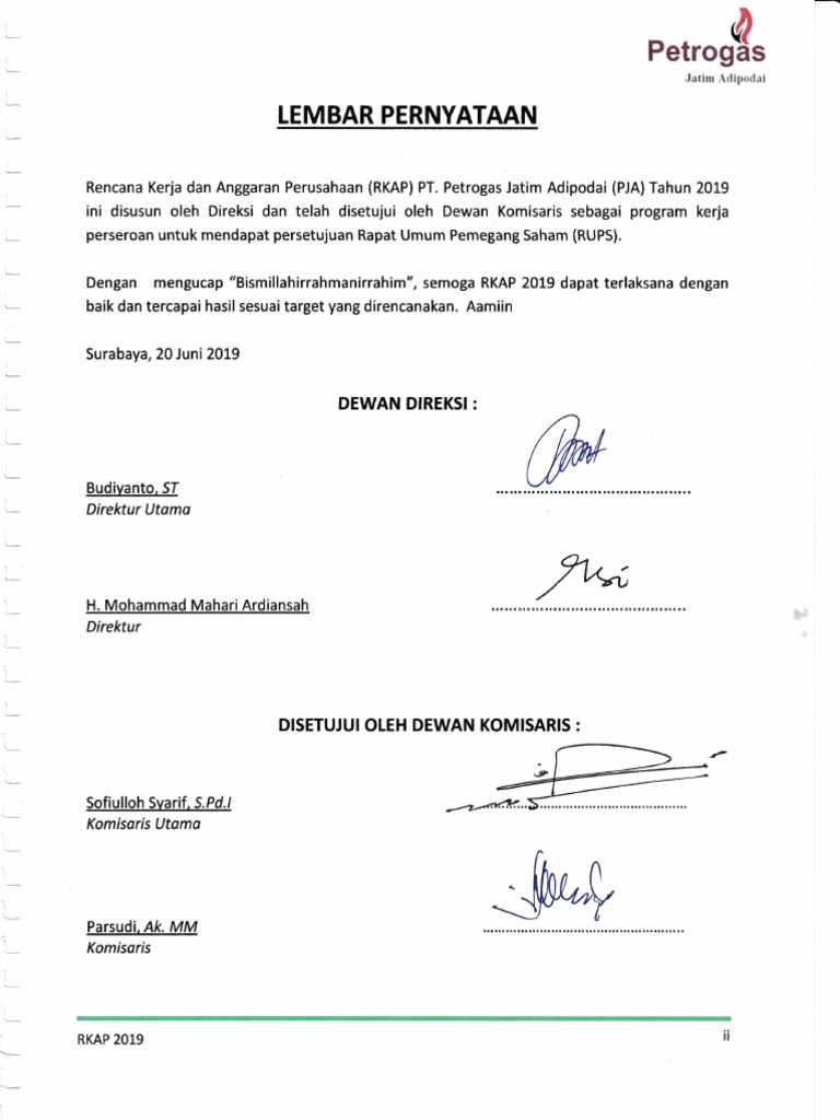 Lembar Pernyataan RKAP 2019 | PDF
