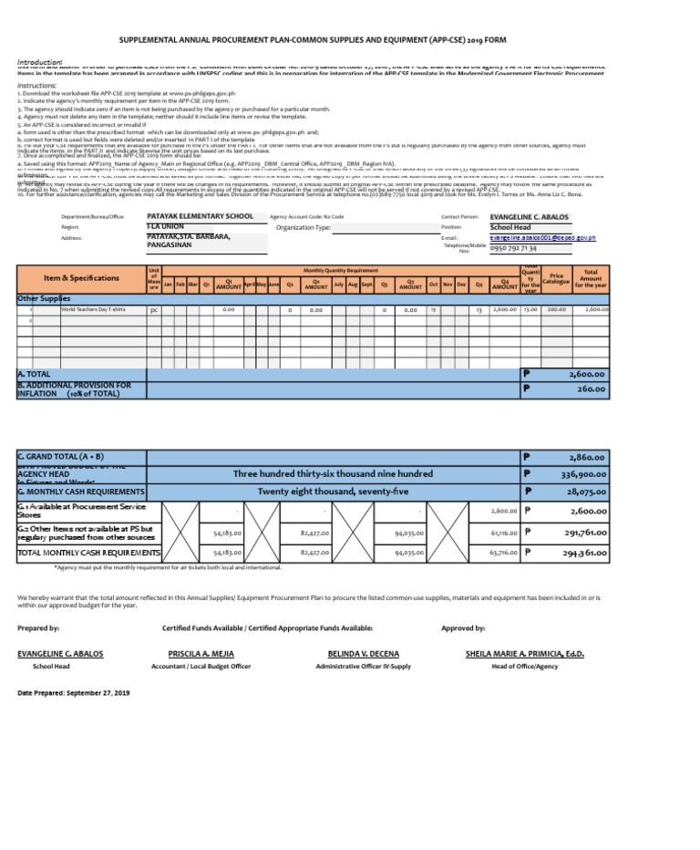 Supplemental Annual Procurement Plan-Common Supplies and Equipment (App ...