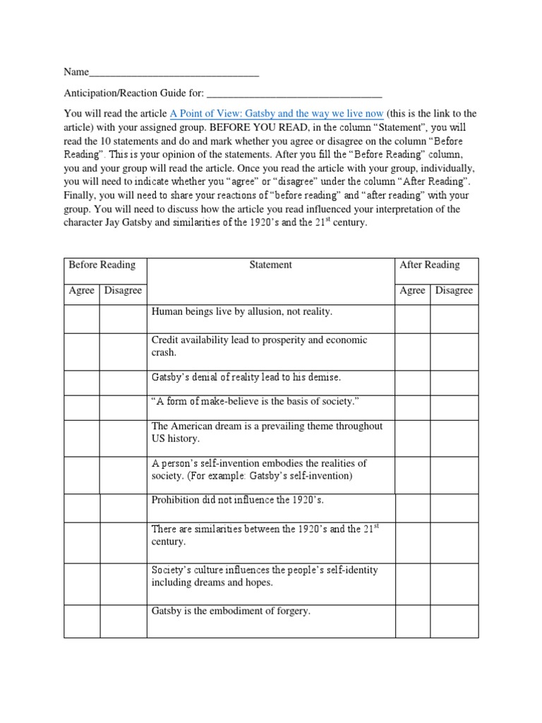 Gatsby Article Reaction Guide | PDF | The Great Gatsby