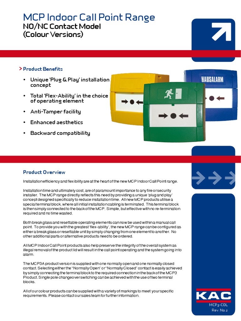 MCP Indoor Call Point Range: NO/NC Contact Model (Colour Versions ...
