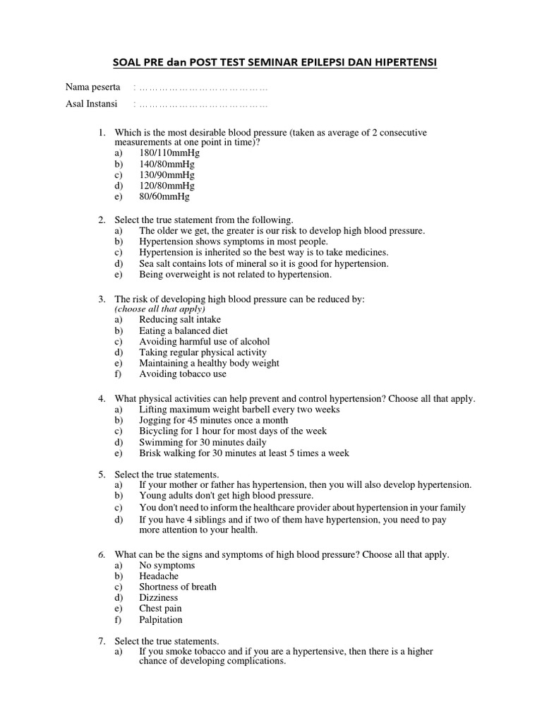 Soal Pre Dan Post Test Seminar Epilepsi Dan Hipertensi | PDF ...