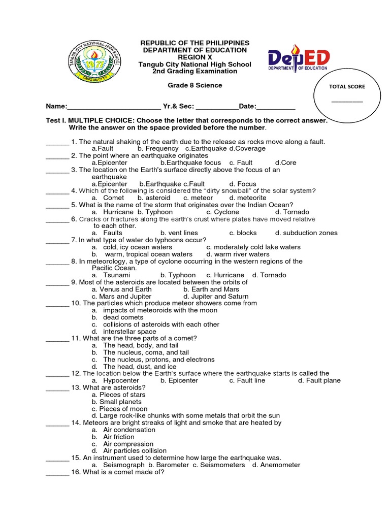 G-8 2nd Grading Exam | PDF | Meteoroid | Tropical Cyclones