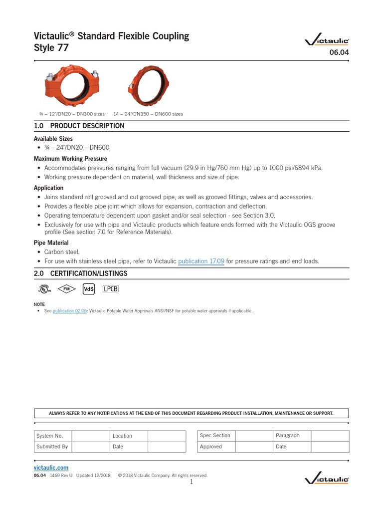 Victaulic Standard Flexible Coupling Style 77: 1.0 Product Description | PDF | Pipe (Fluid ...