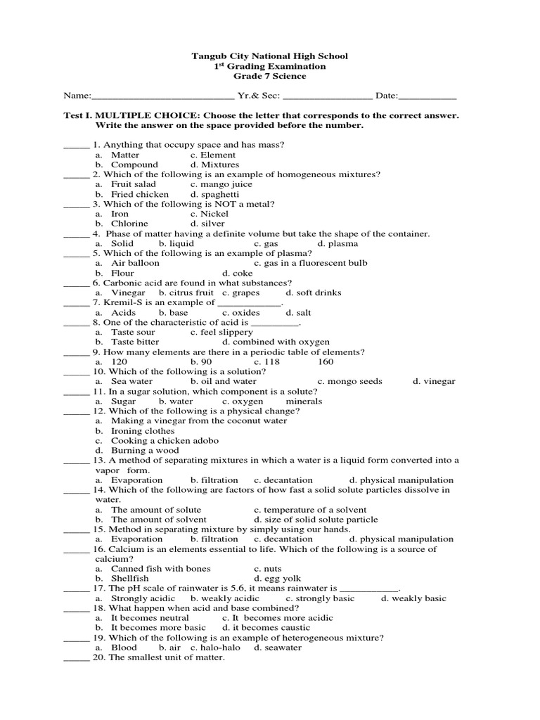 Grade 7 Science Exam | PDF | Boron | Solution