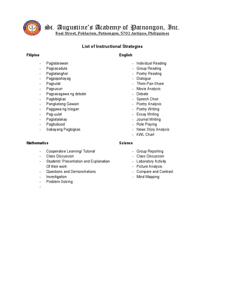 St. Augustine's Academy of Patnongon, Inc.: List of Instructional ...