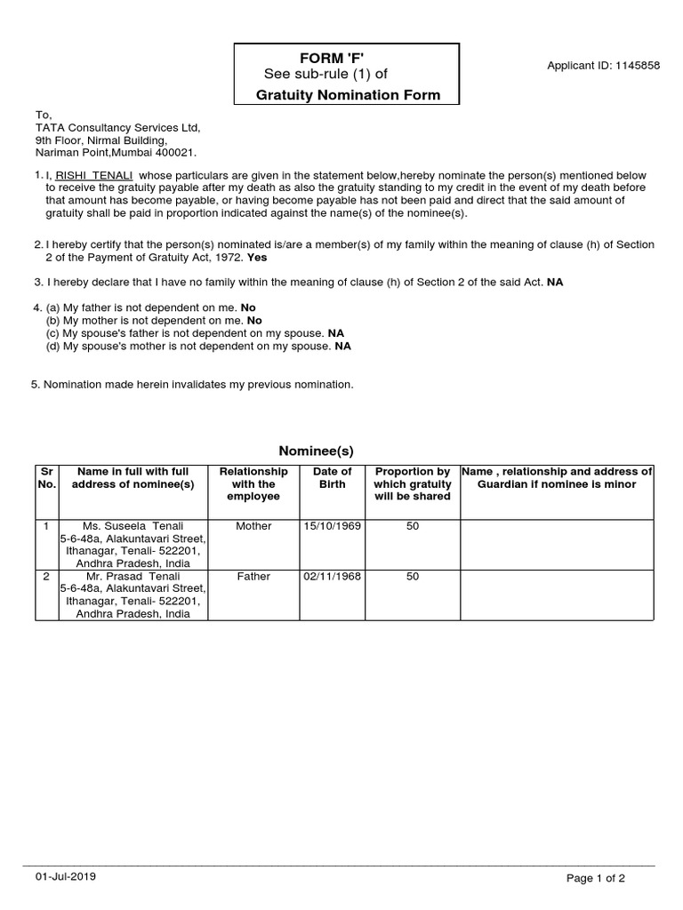 See Sub-Rule (1) Of: Form 'F' Gratuity Nomination Form | PDF ...