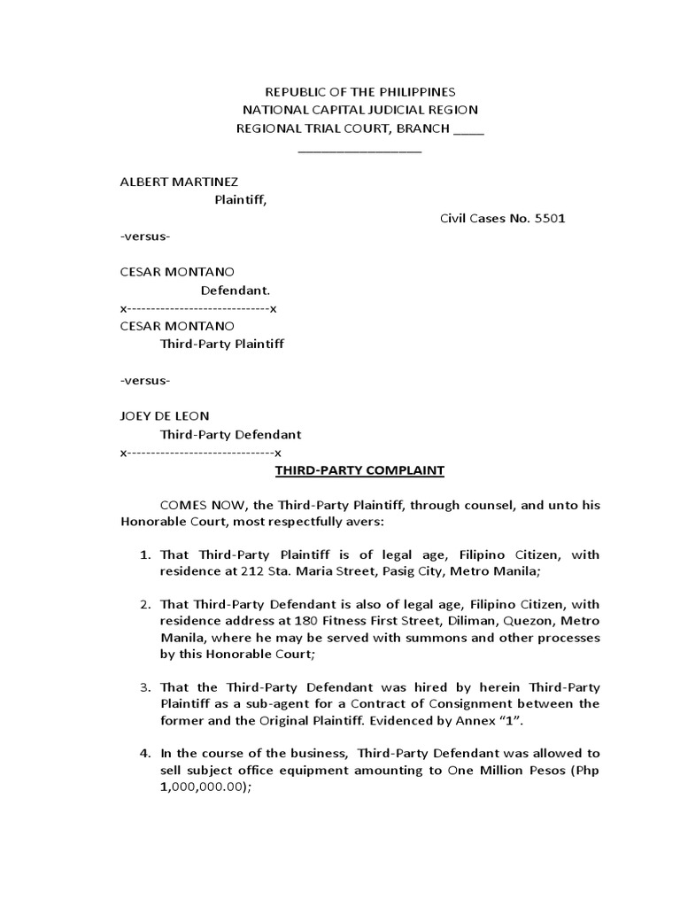 Third Party Complaint Sample | PDF | Complaint | Common Law