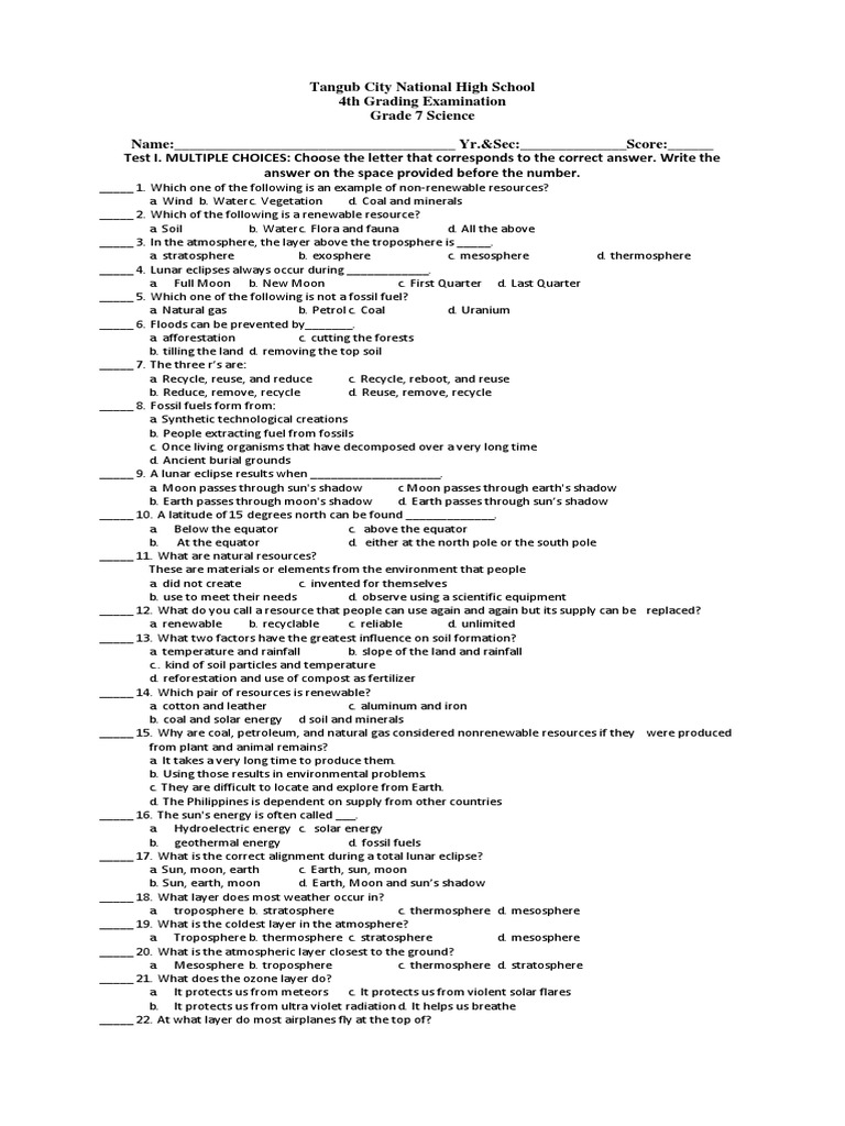 Grade 7 Science Exam | PDF | Eclipse | Earth