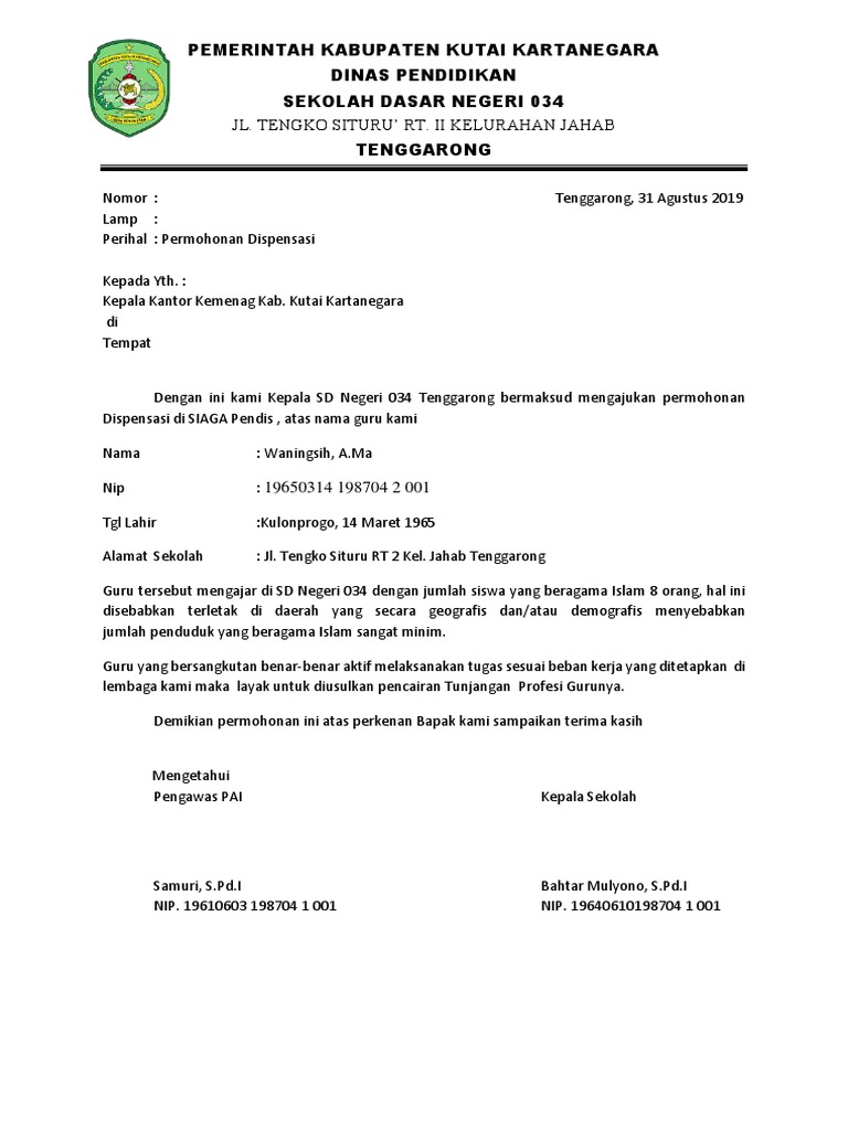 Contoh Surat Permohonan Dispensasi | PDF