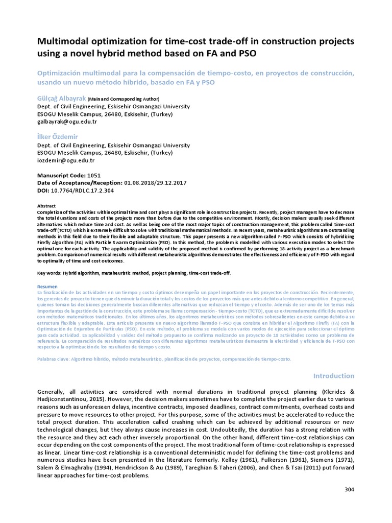 Multimodal Optimization For Time-Cost Trade-Off in Construction Projects Using A Novel Hybrid ...