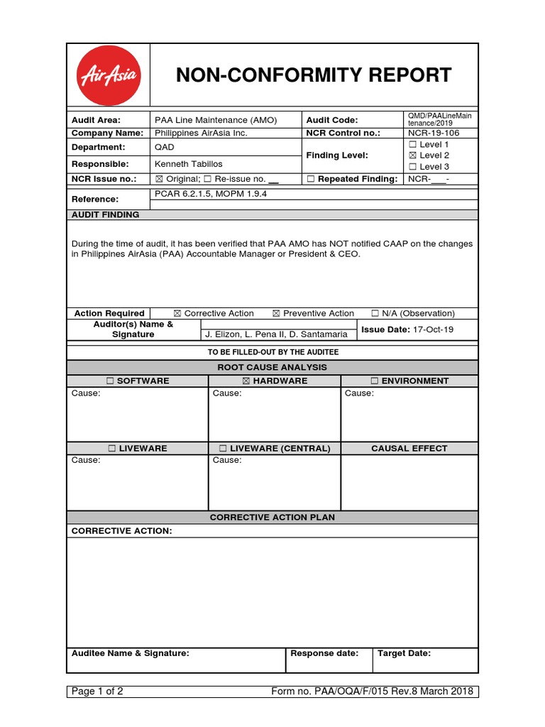 Non-Conformity Report: Page 1 of 2 Form No. PAA/OQA/F/015 Rev.8 March ...