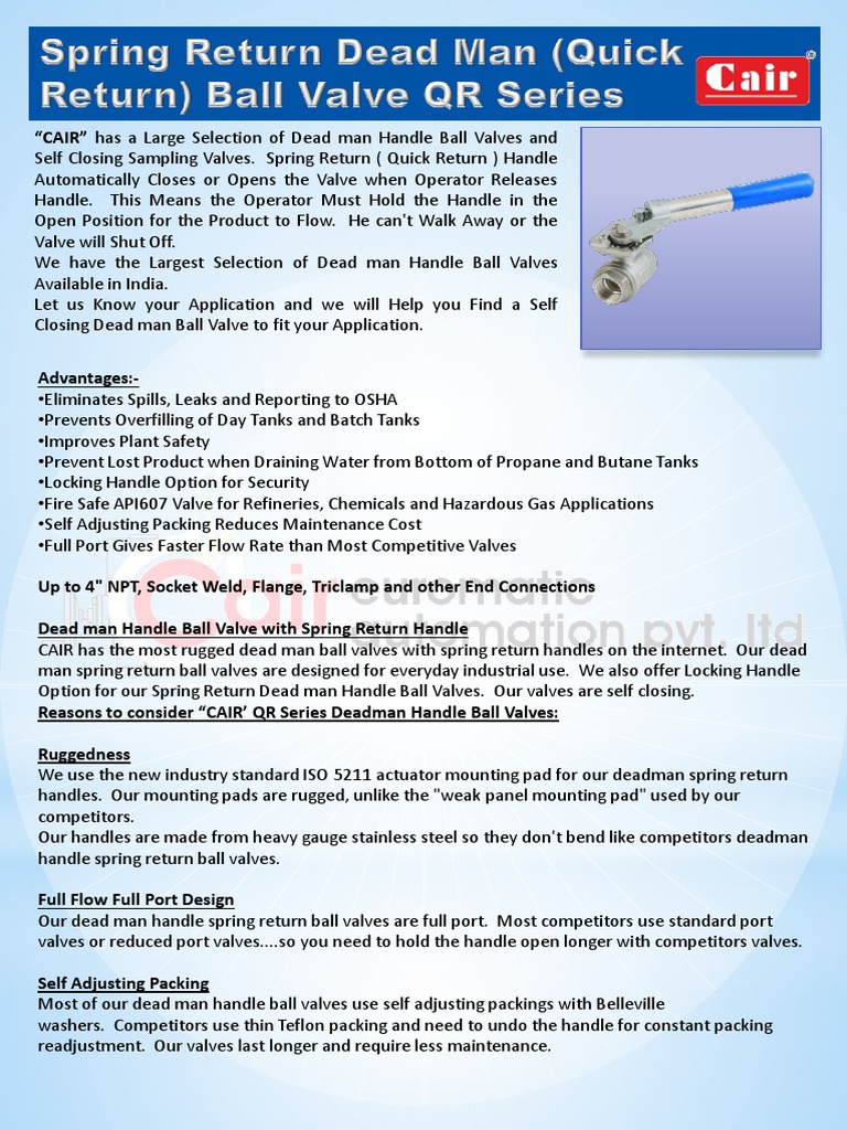 Cair Make Spring Return Ball Valve | PDF | Valve | Screw
