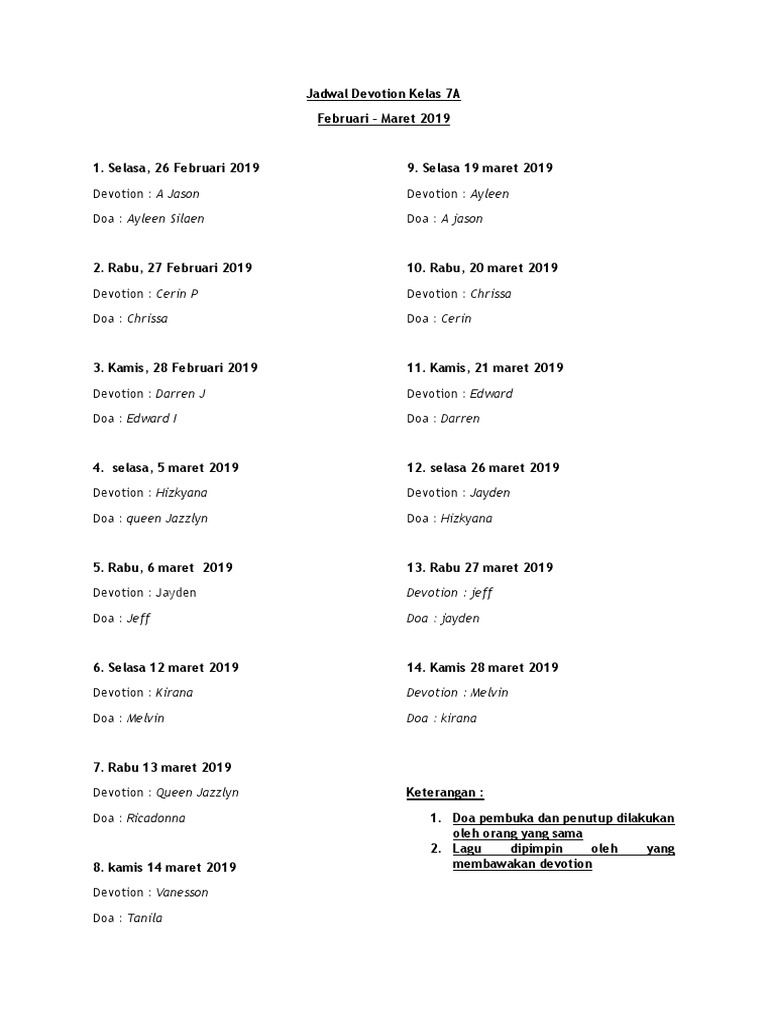 Jadwal Devotion Kelas 7a | PDF