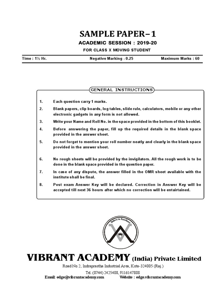 Sample Paper-1: Vibrant Academy | PDF | Acceleration | Ion