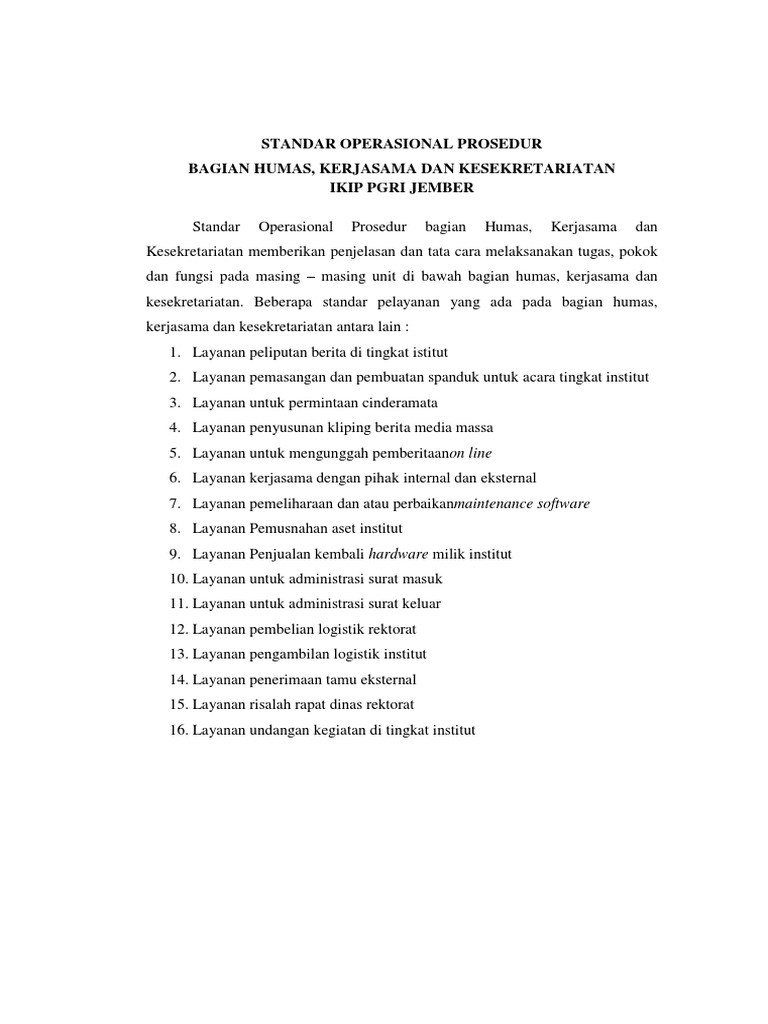 SOP Humas Kerjasama Kesekretariatan-1 | PDF | Bisnis | Teknologi & Rekayasa