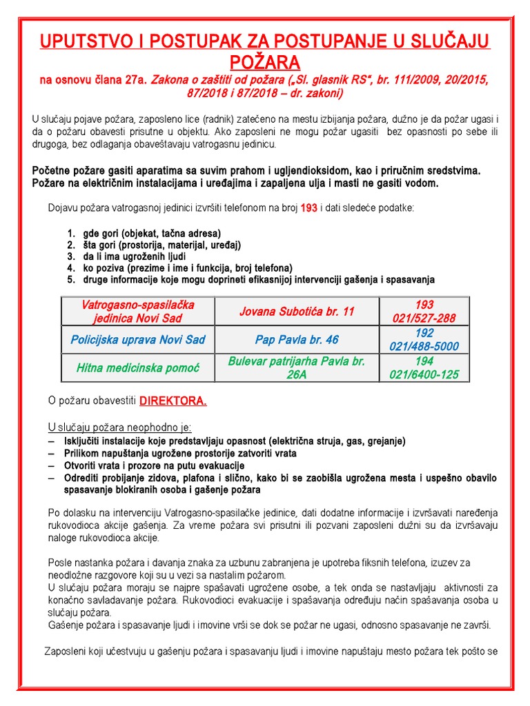 Upustvo Za Postupanje U Slucaju Pozara NS | PDF