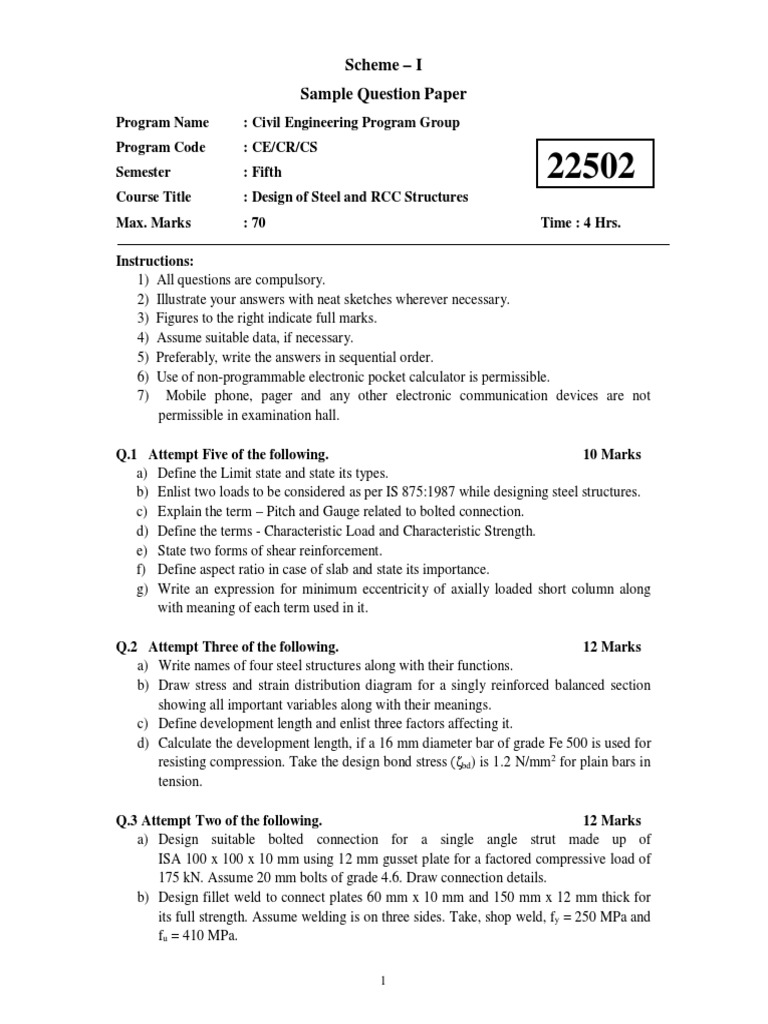 Scheme - I Sample Question Paper | PDF | Beam (Structure) | Column
