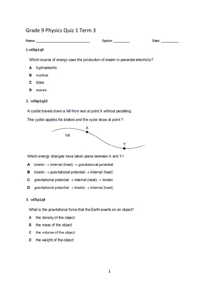 Grade 9 Physics Quiz 1 Term 3 | PDF