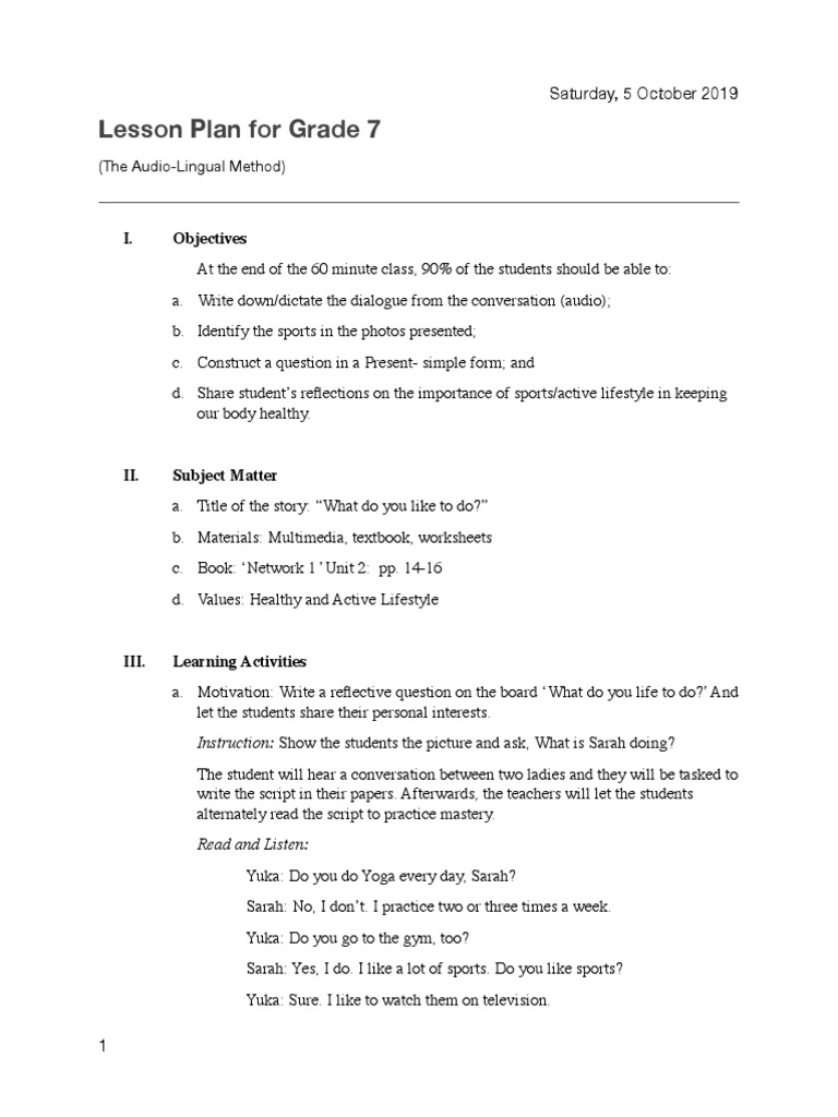 The Audio-Lingual Method Lesson Plan | PDF | Lesson Plan | Question