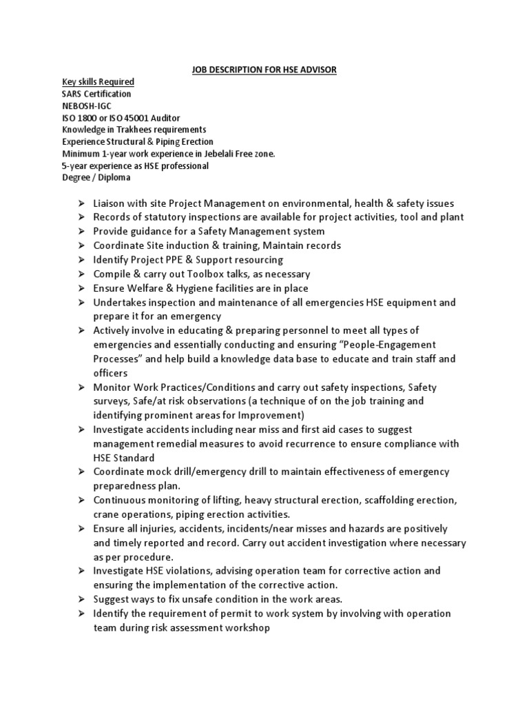 Job Description For Hse Advisor | PDF | Risk Assessment | Occupational ...