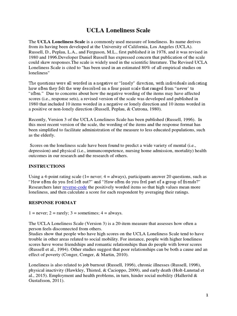 UCLA Loneliness Scale: Instructions | PDF | Loneliness | Friendship