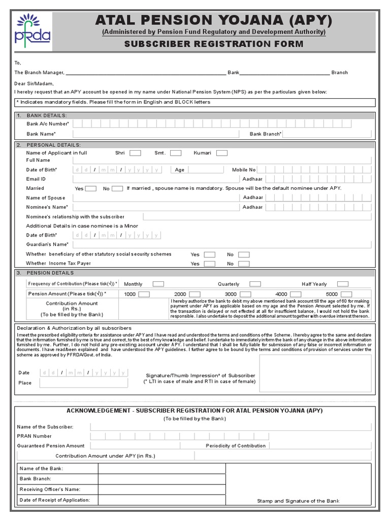 APY Subscriber Registration-Form | PDF | Financial Services | Payments