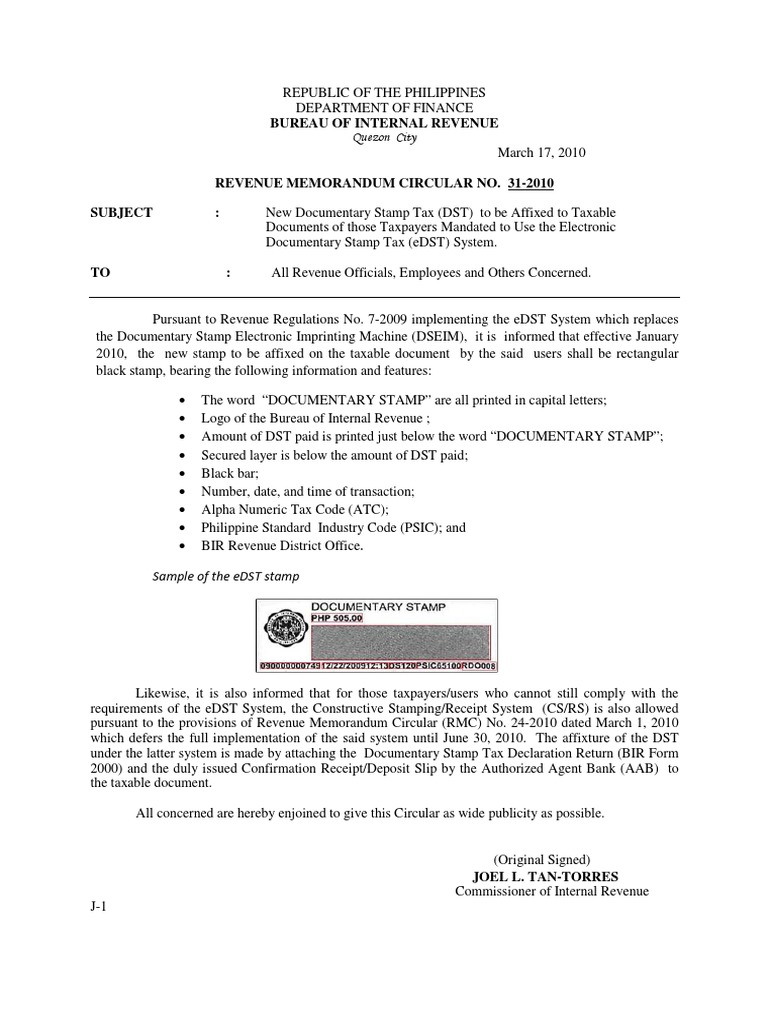 RMC 2010 No. 31 New DST To Be Affixed To Taxable Documents | PDF ...