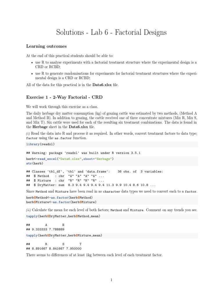 Solutions - Lab 6 - Factorial Designs | PDF | Analysis Of Variance | Errors And Residuals