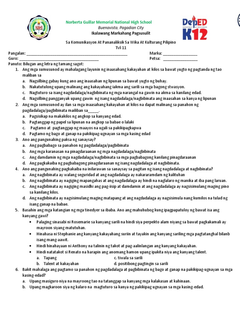 ESP 7 2nd Grading Exam | PDF