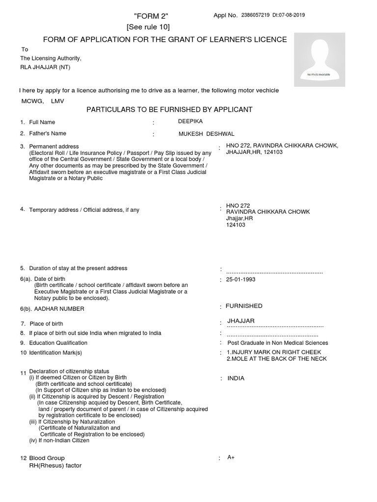 "FORM 2" (See Rule 10) Form of Application For The Grant of Learner'S Licence | PDF | Driver's ...