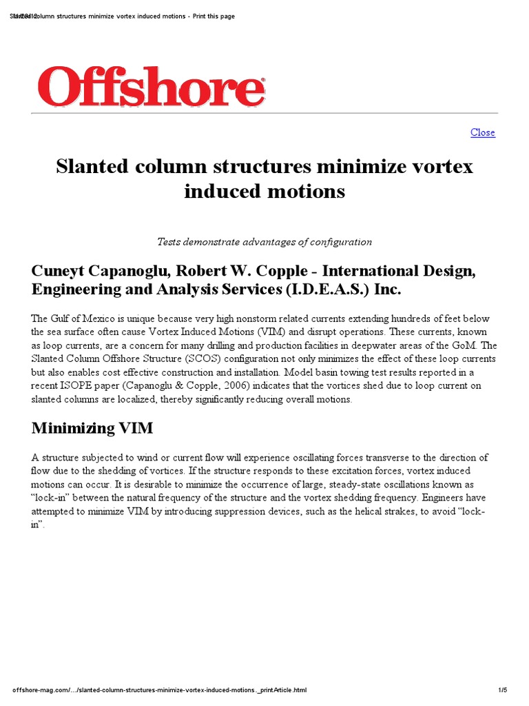 Slanted Column Structures Minimize Vortex Induced Motions | PDF ...