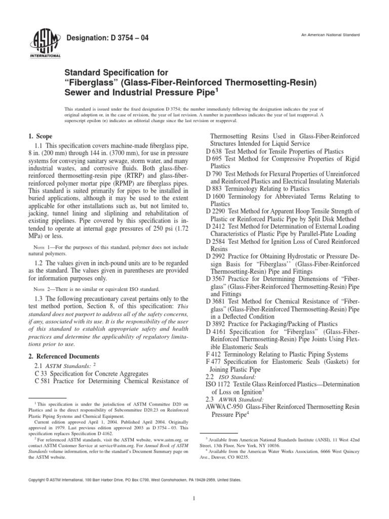 D 3754 PDF | PDF | Fiberglass | Pipe (Fluid Conveyance)