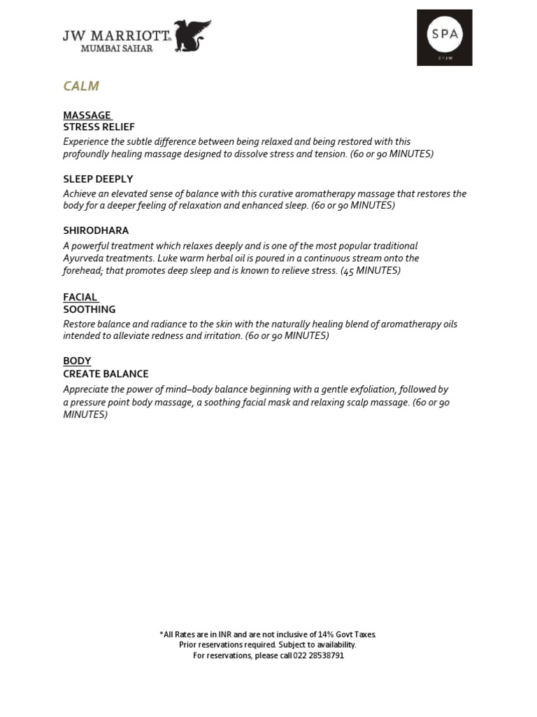 SPA by JW Menu | PDF | Massage | Aromatherapy