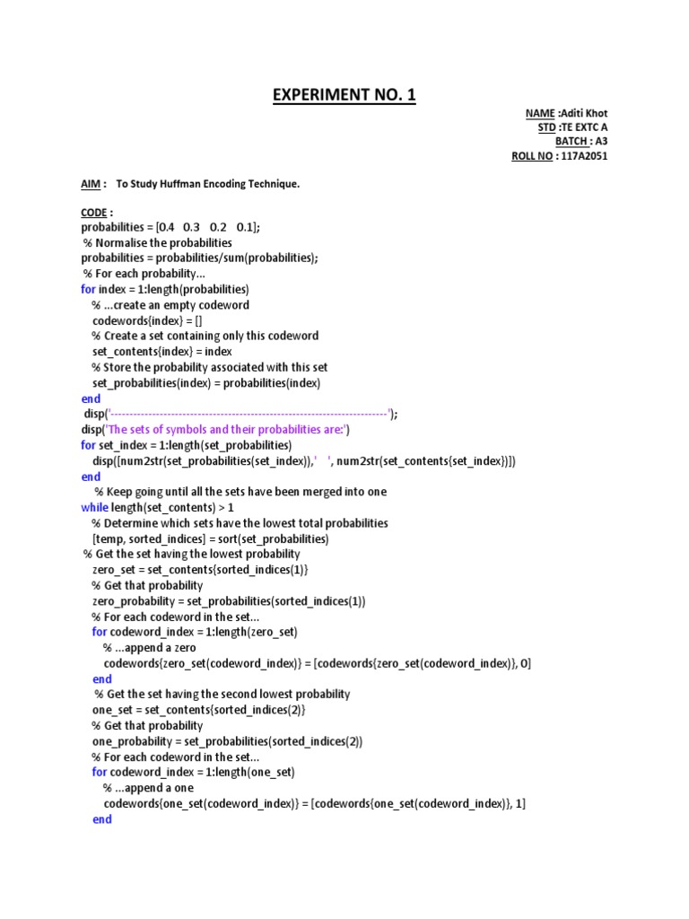 Experiment No 1 Dce Huffman Encoding Pdf Theoretical Computer Science Encodings