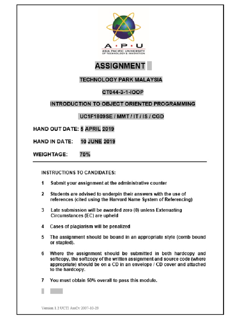 IOOP Asia Pacific University Assignment | PDF | Object Oriented ...