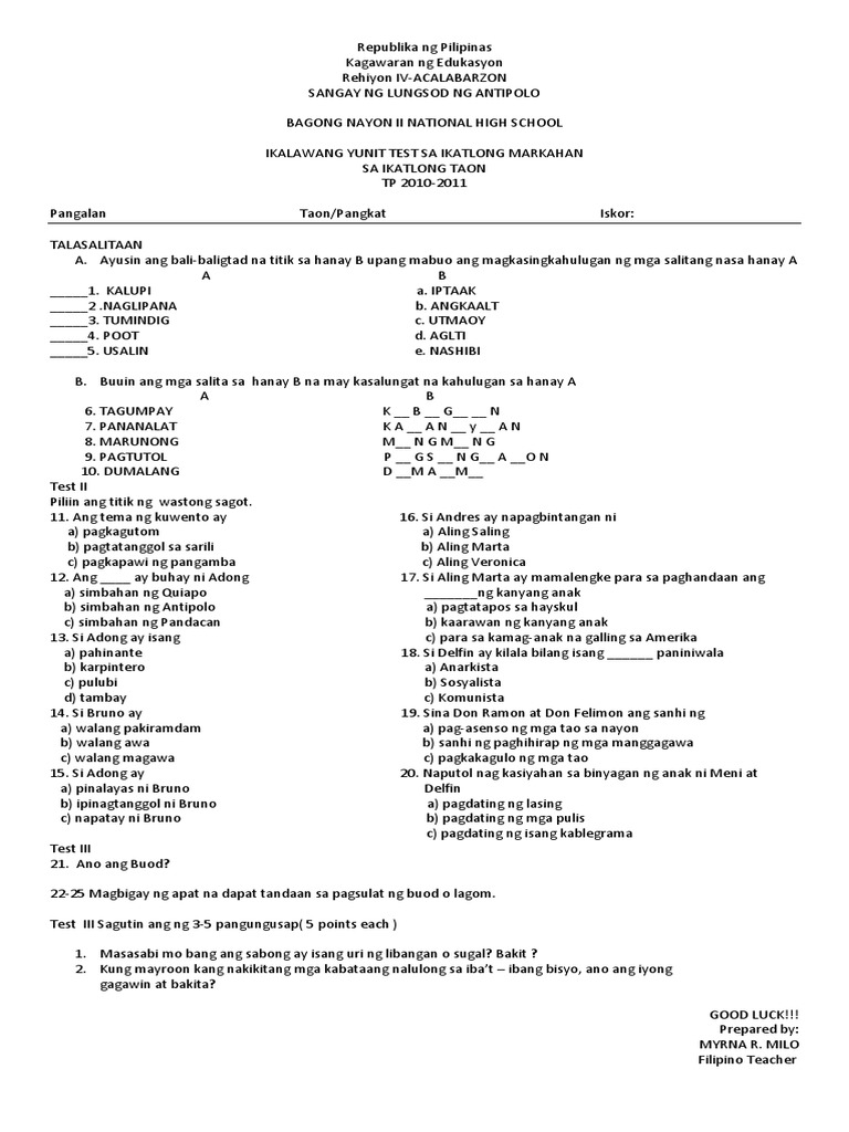 Unit Test Sa Filipino 3RD Grading | PDF
