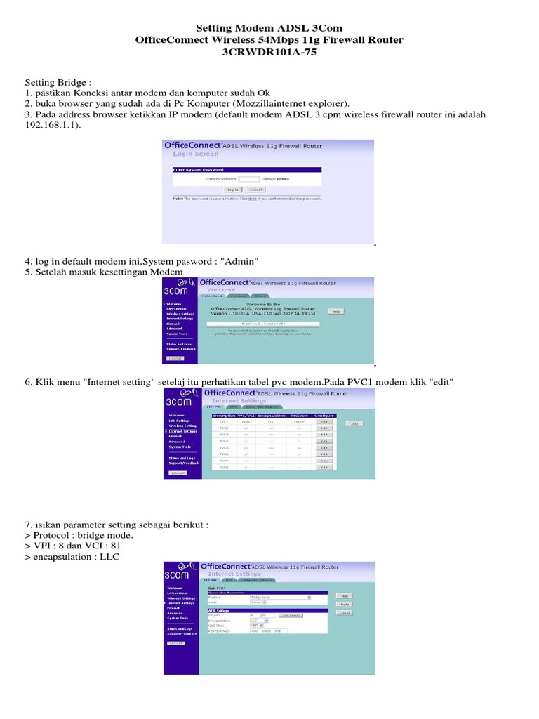Setting Modem ADSL 3com | PDF