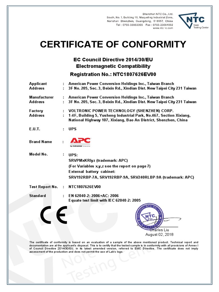 Certificate of Conformity: EC Council Directive 2014/30/EU ...