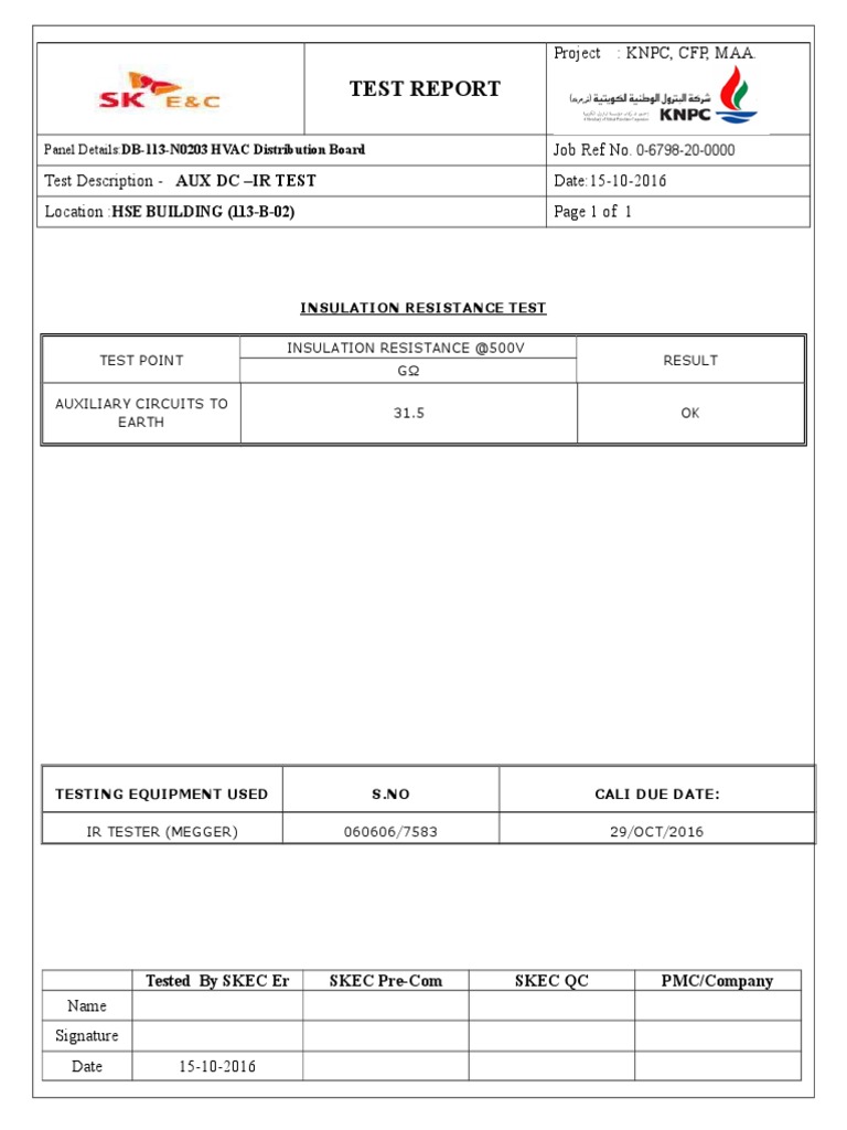 Insulation Resistance Test Report for Auxiliary DC Circuits of HVAC ...