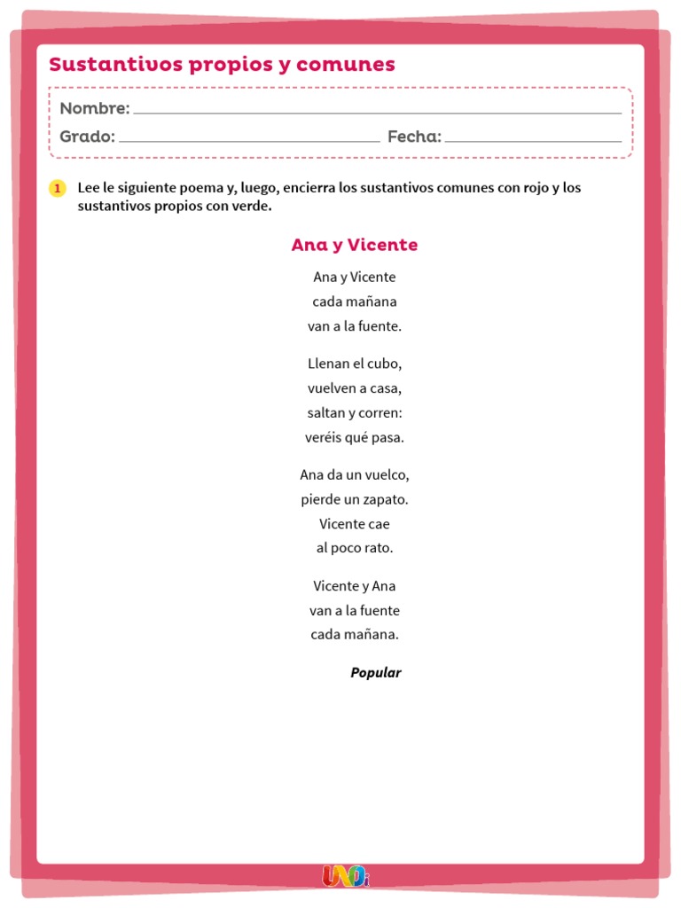 Ficha de Sustantivos Propios y Comunes | PDF