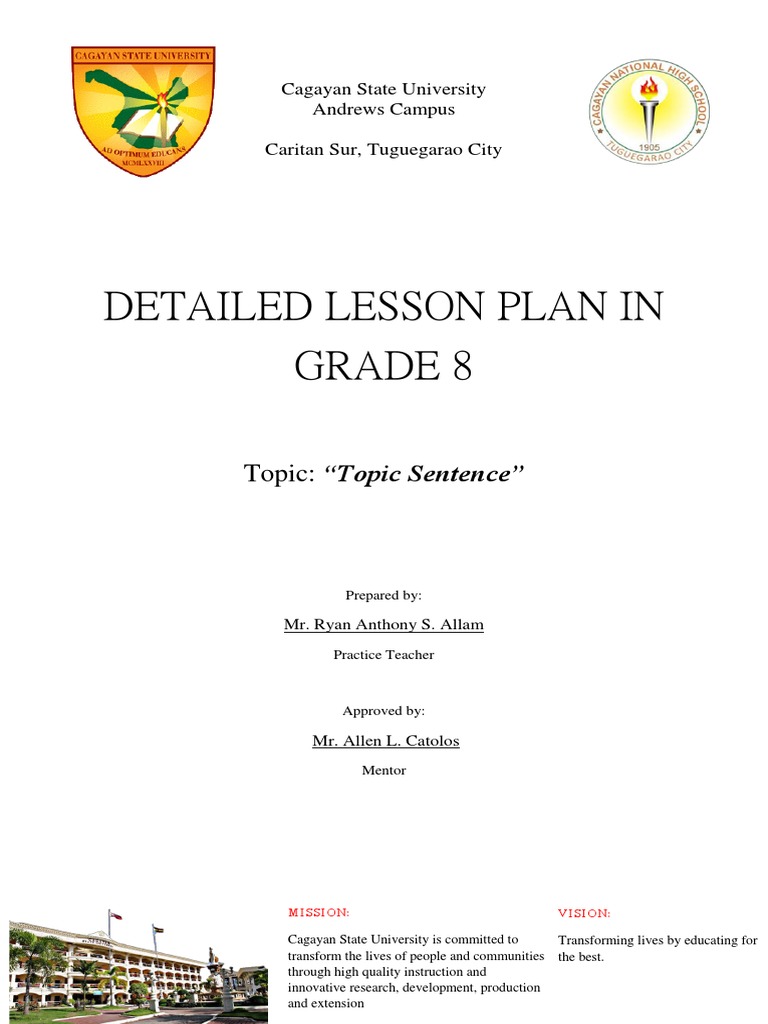 Detailed Lesson Plan in Grade 8: Topic: "Topic Sentence" | PDF | Test ...