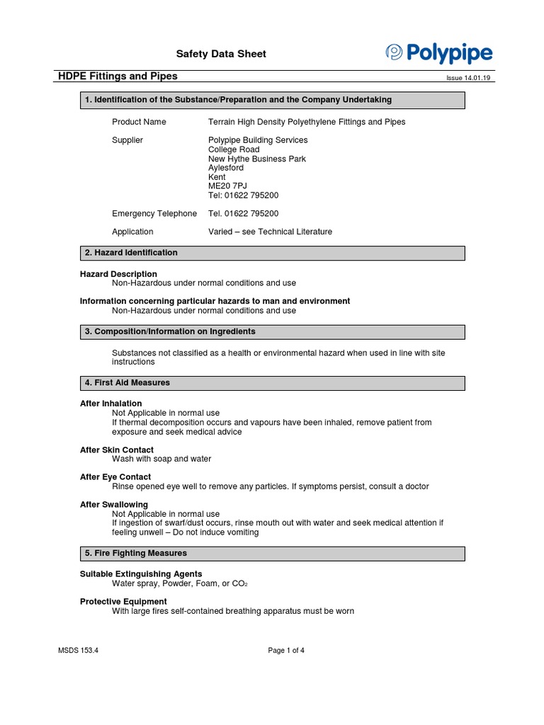 HDPE Pipe Safety Sheet | PDF | Safety | Chemistry