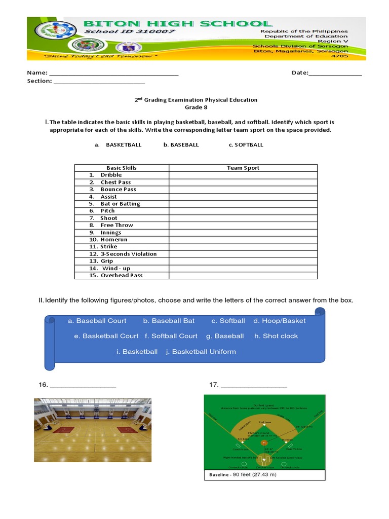 Grade 8 PE Exam: Basketball & Baseball Skills | PDF | Home Run | Softball