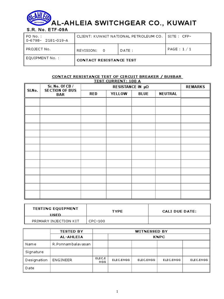 Etf-9a Test Report Format For Contact Resistance Test (Add) | PDF