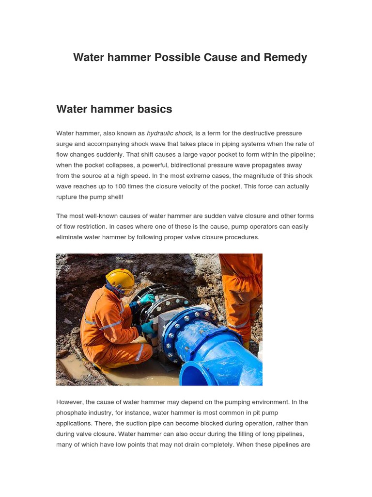 Water Hammer Possible Cause and Remedy | PDF | Pump | Gases