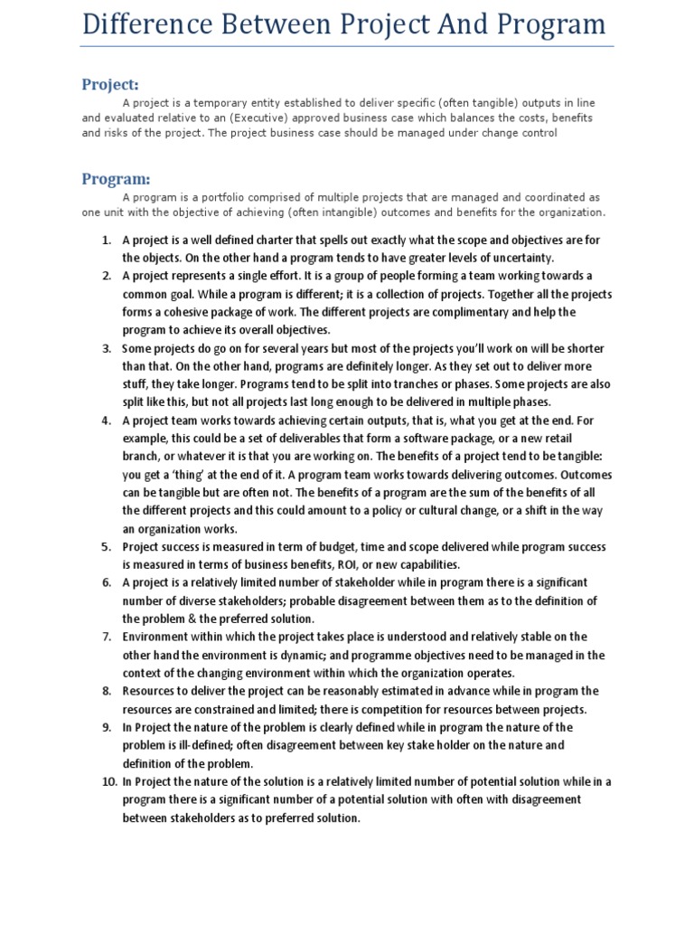 Difference Between Project and Program | PDF | Resource | Stakeholder ...