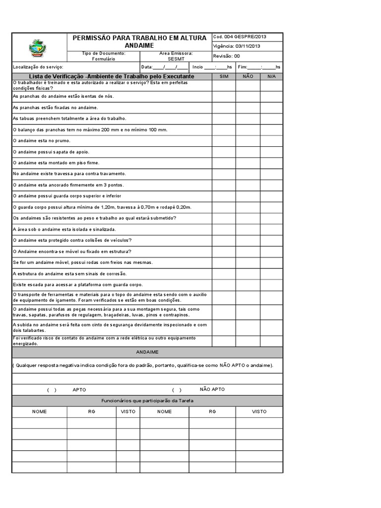 Checklist NR 35 - Andaimes | Download grátis PDF | Andaime
