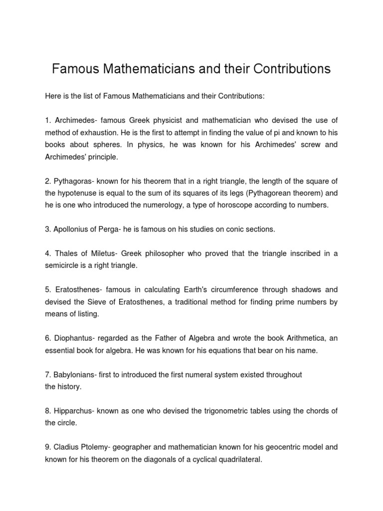 Famous Mathematicians and Their Contributions | PDF | Geometry ...