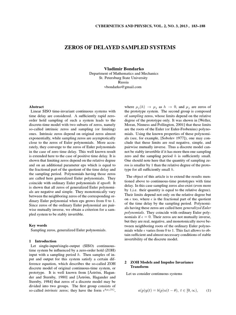 Zeros of Delayed Sampled Systems: Vladimir Bondarko | PDF | Zero Of A Function | Continuous Function