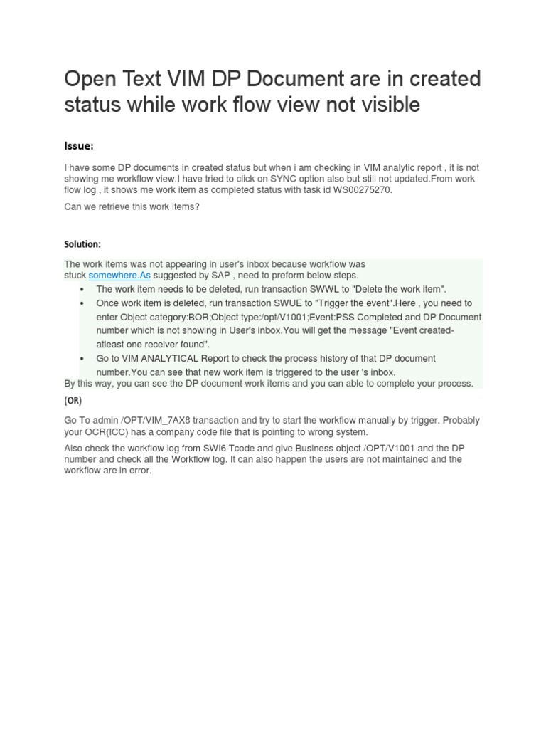 Open Text VIM DP Document Are in Created Status While Work Flow View ...
